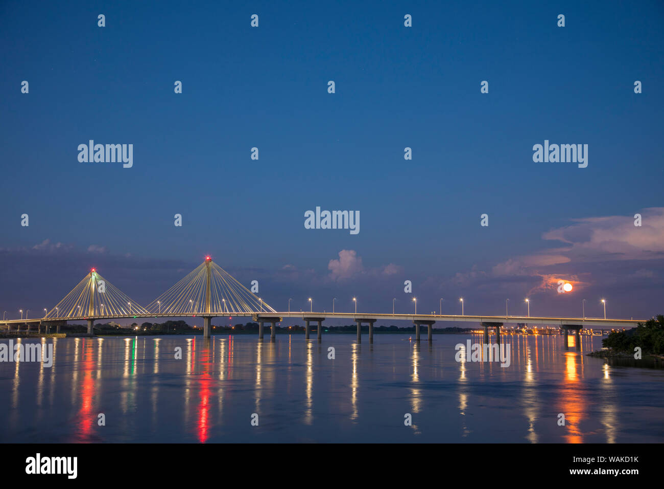 Clark Bridge and full moon, Mississippi River, Alton, Illinois Stock ...