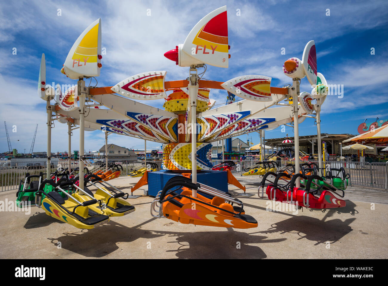 USA, New Jersey, Wildwoods. Wildwood Boardwalk and amusement park ride ...