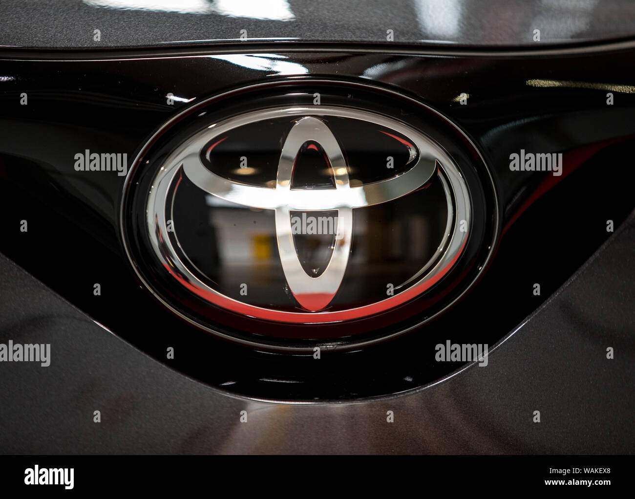 Cracow, Poland - May 18, 2019: Toyota metalic logo closeup on the ...
