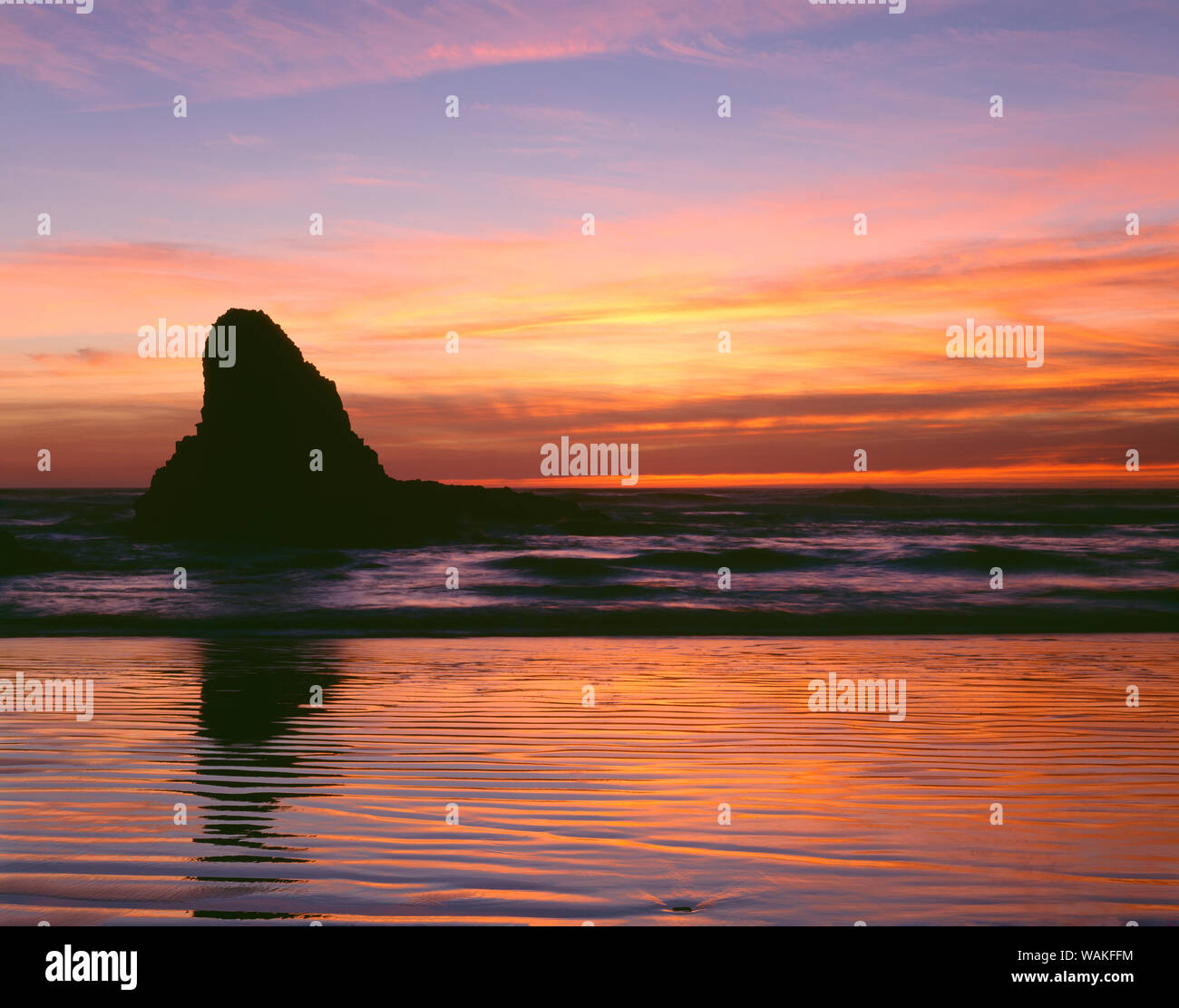 USA, Oregon. Ecola State Park, sunset over sea stack at Indian Beach ...