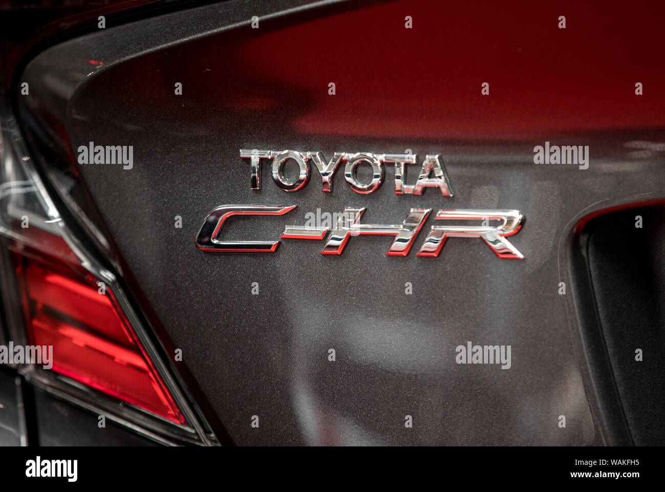 Cracow, Poland - May 18, 2019: Toyota C-HR metalic logo closeup on the ...