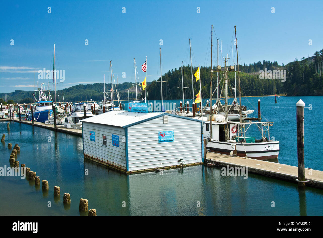 Boats and docks, Siuslaw River, Old Town, Florence, Oregon, USA Stock ...