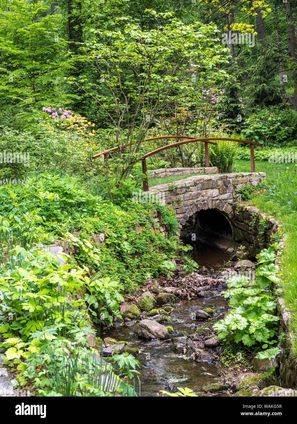USA, Pennsylvania. Small bridge over stream in a garden Stock Photo - Alamy