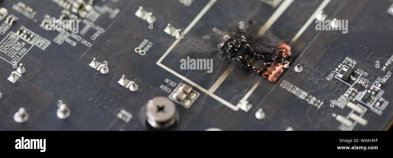 Closeup view of damaged graphic adapter burnt out after hack Stock ...