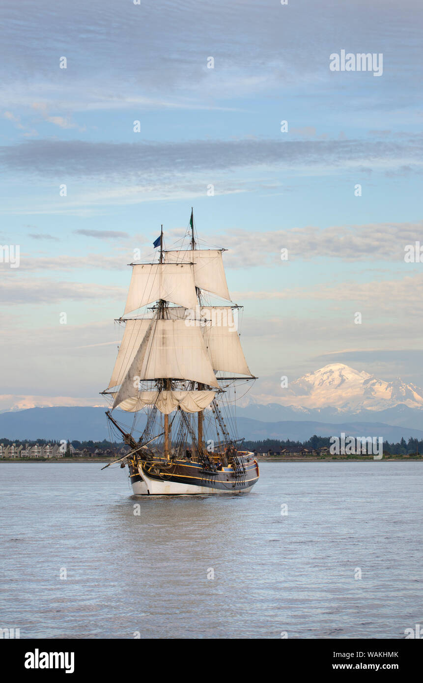 Lady Washington sailing in Semiahmoo Bay, Washington State. Mount Baker ...