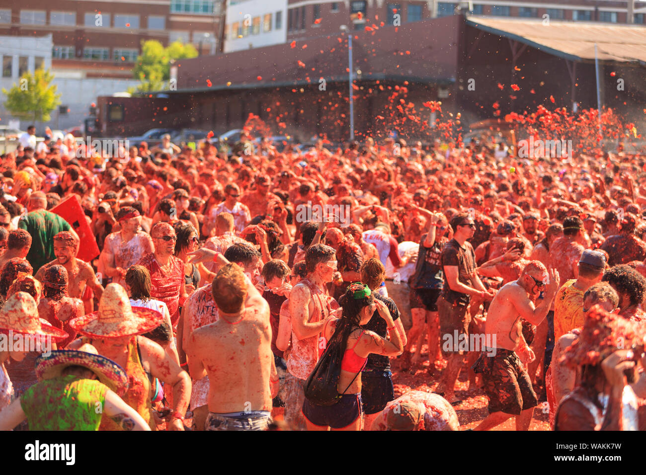 Tomato fight, courtyard at Pyramid Alehouse, Seattle, Washington State ...