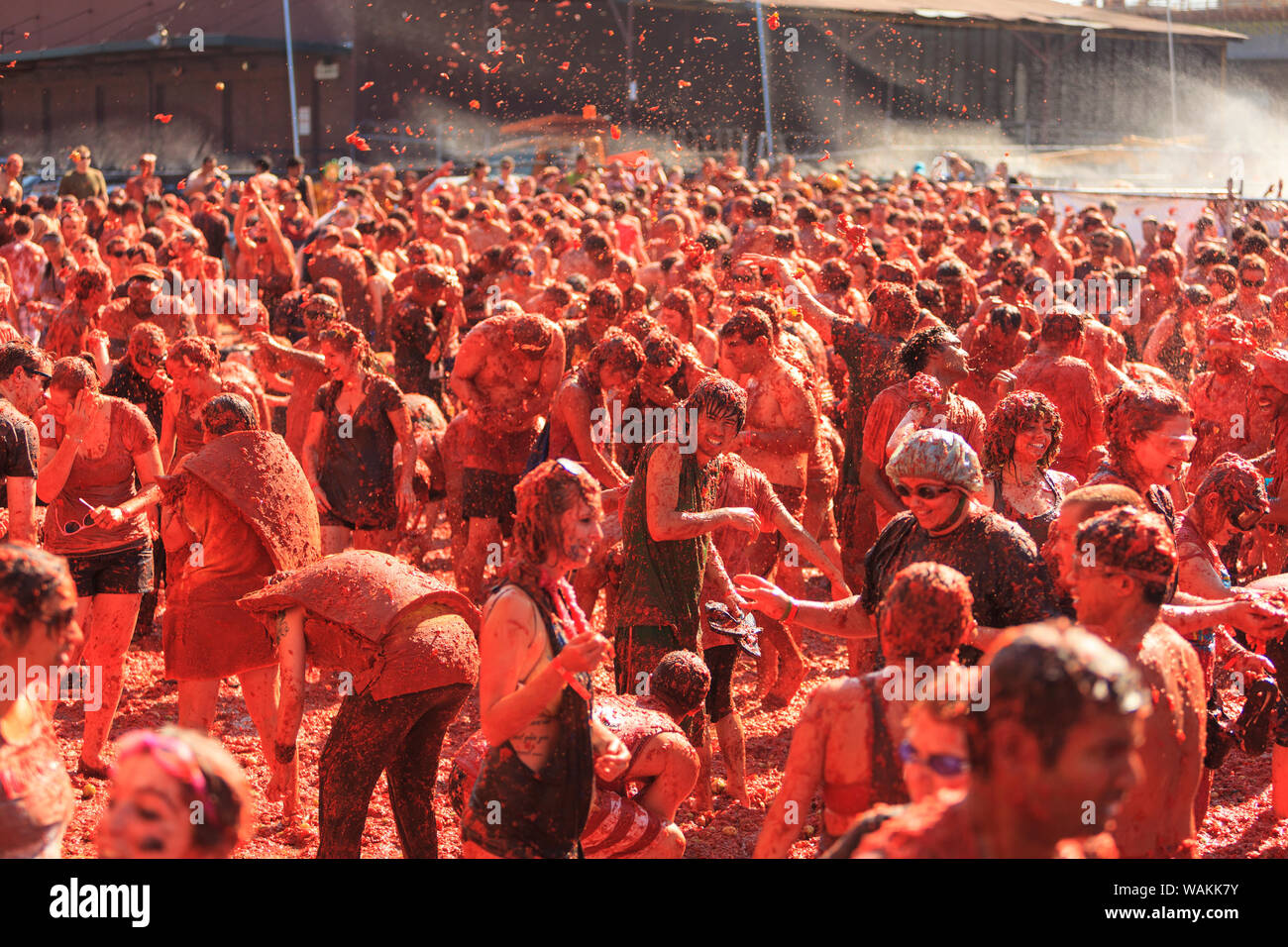 Tomato fight, courtyard at Pyramid Alehouse, Seattle, Washington State ...