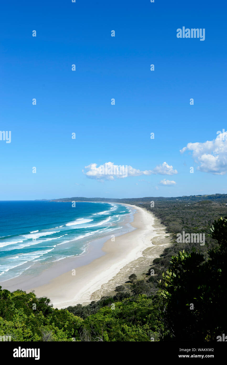 Vertical scenic view of Tallow Beach, a long deserted sandy beach seen ...
