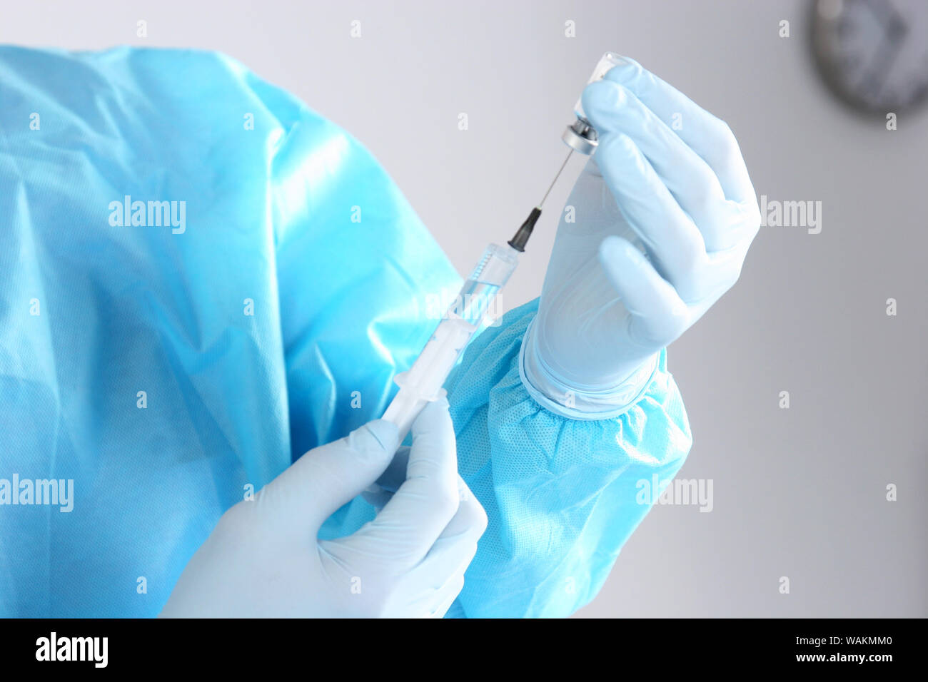 Syringe, medical injection in hand, palm or fingers. Medicine plastic ...