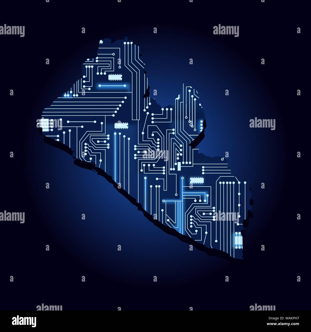 Contour map of Liberia with a technological electronics circuit ...