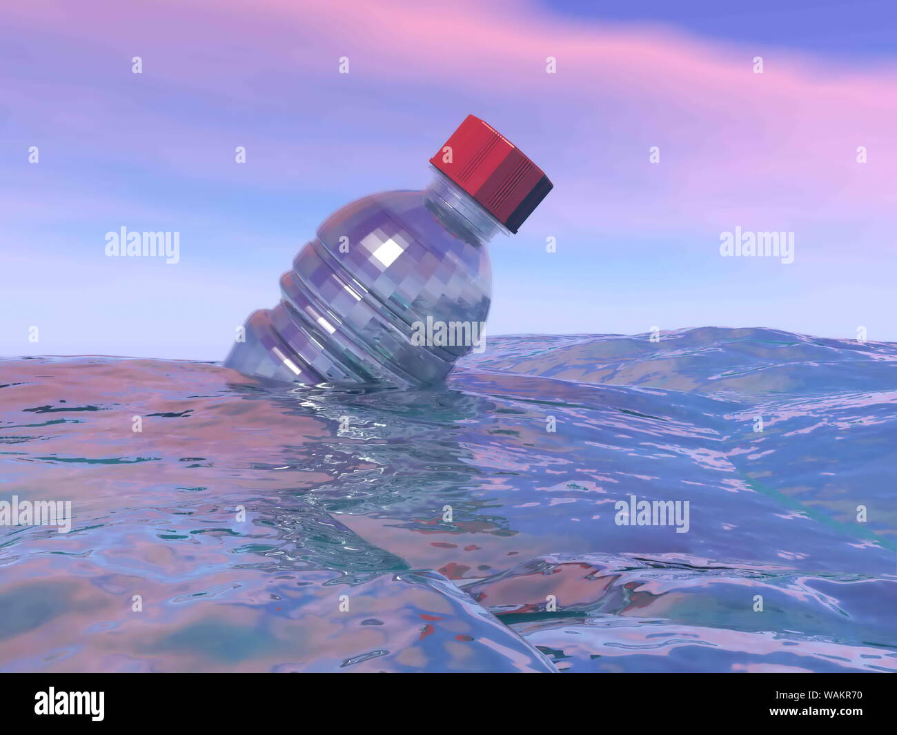 Pollution of one plastic bottles floating in the ocean by sunset - 3D ...