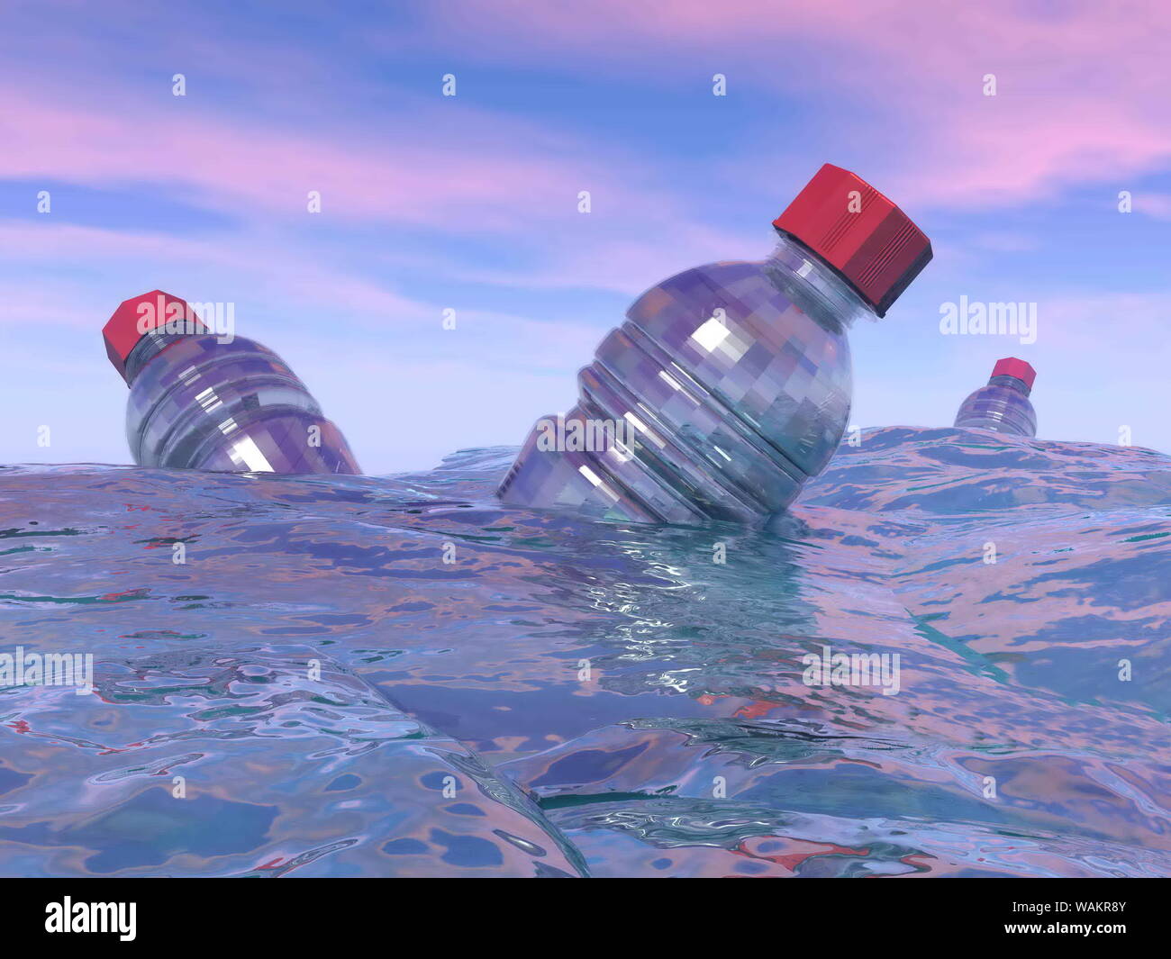 Pollution of three plastic bottles floating in the ocean by sunset - 3D ...