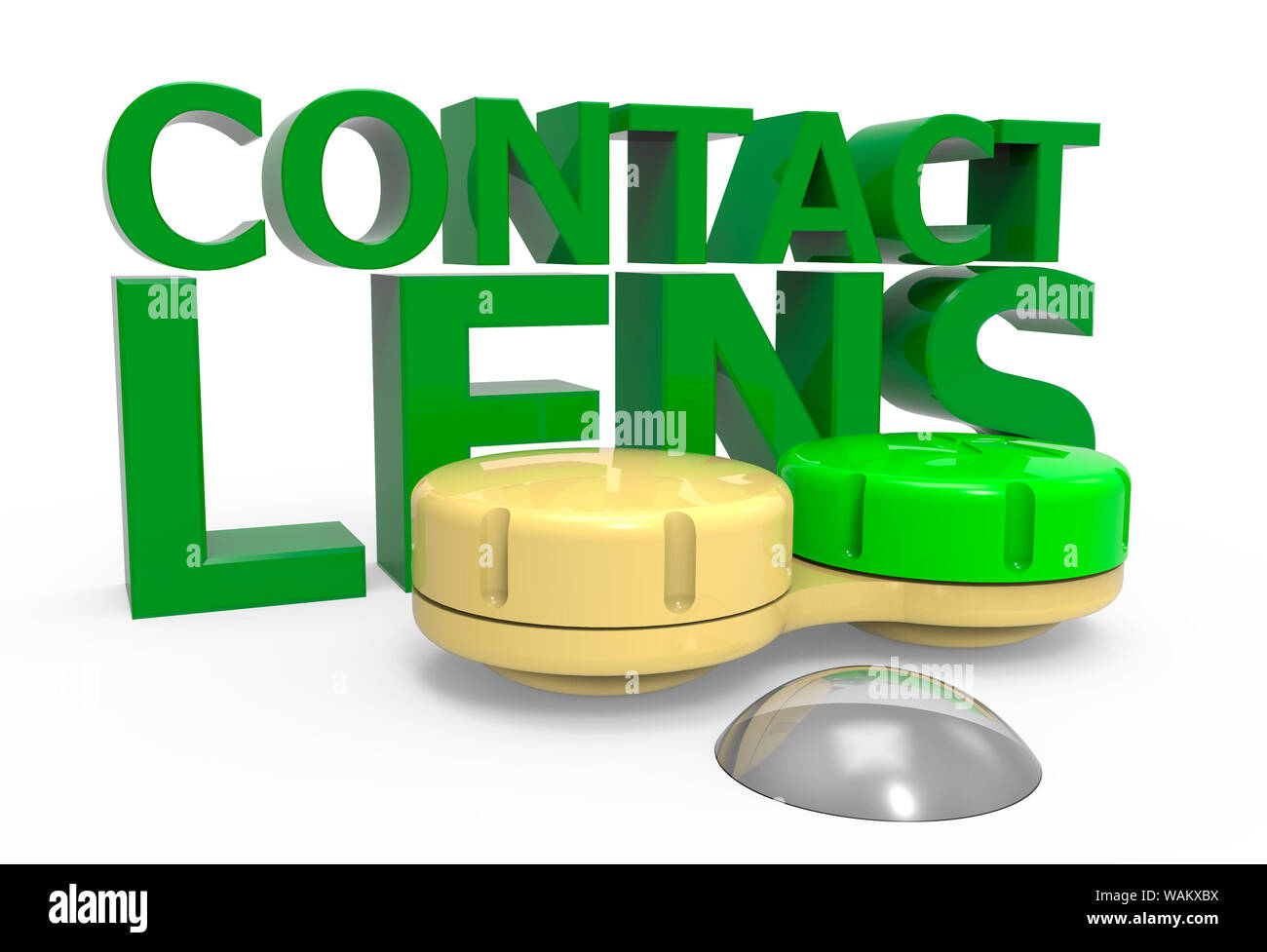 Contact lens cases on the background of the inscription.3D rendering ...