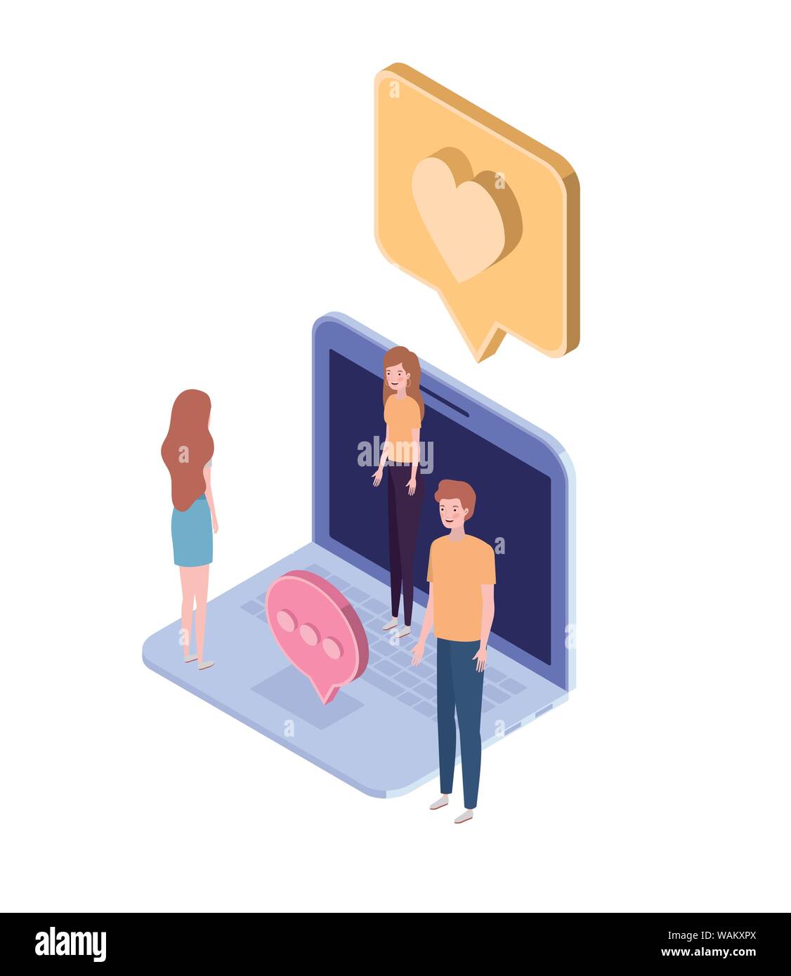 group of people with laptop and email notifications on white background ...