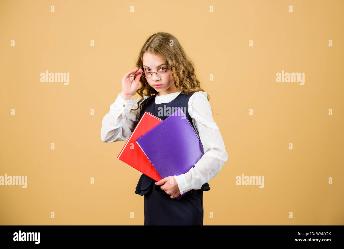 Final exam coming. Girl hold textbook folder test. School exam concept ...