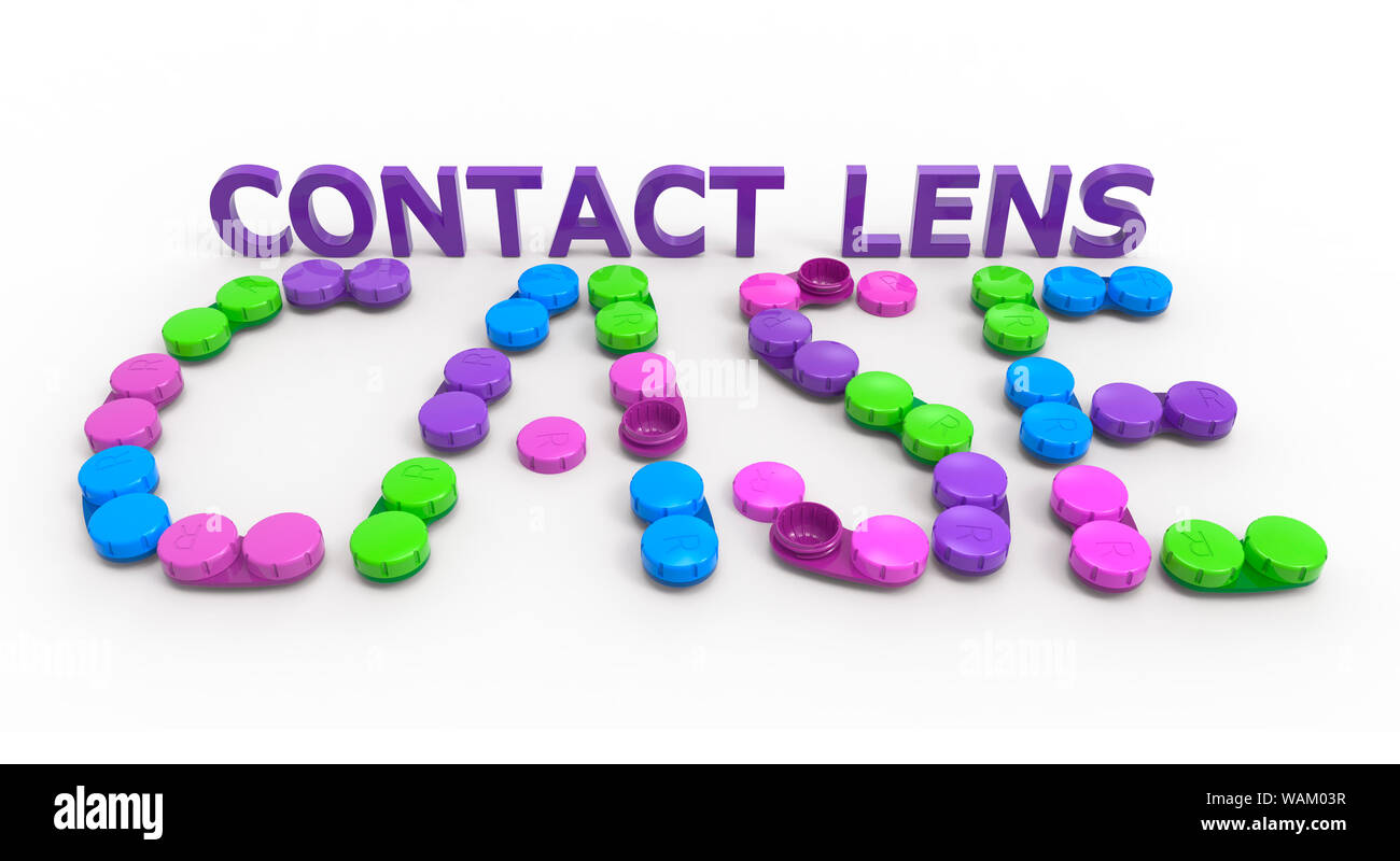 Contact lens cases on the background of the inscription.3D rendering ...