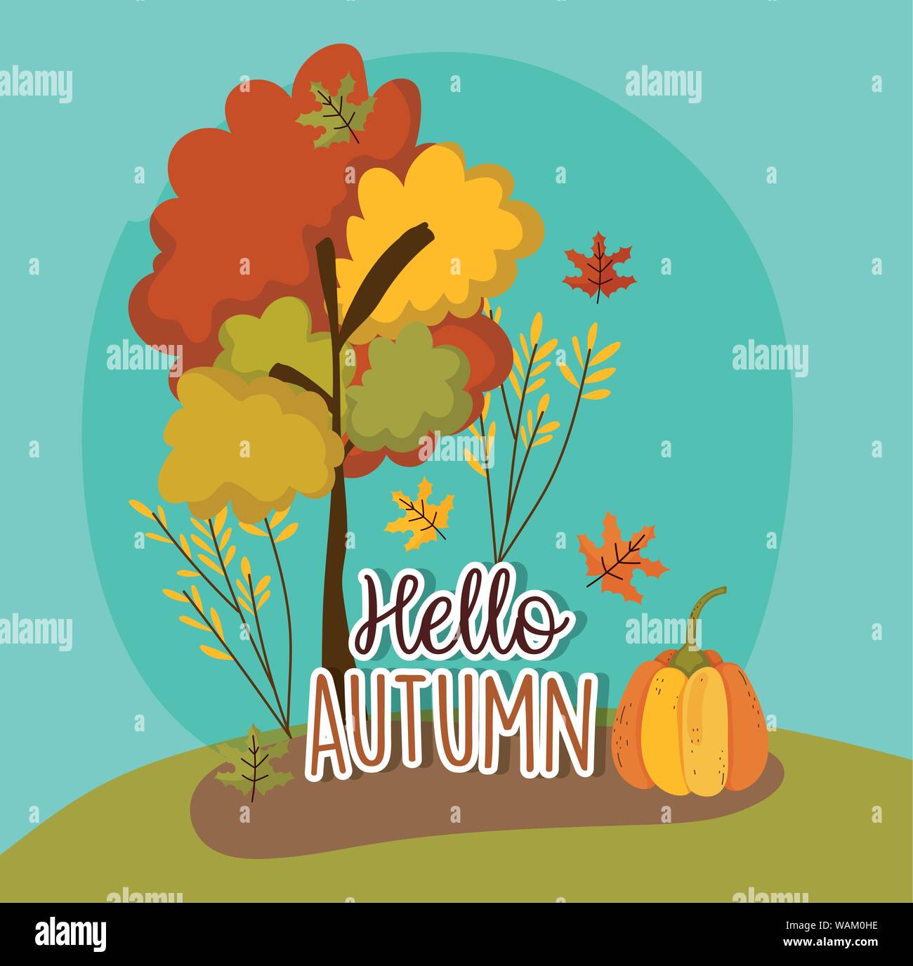 hello autumn season message pumpkin leaves tree vector illustration ...