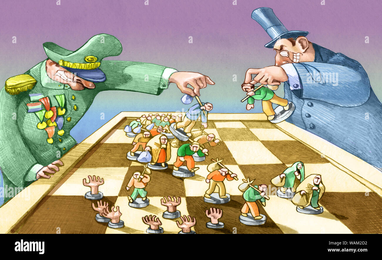 a military and a politician play chess the pawns are migrants political ...