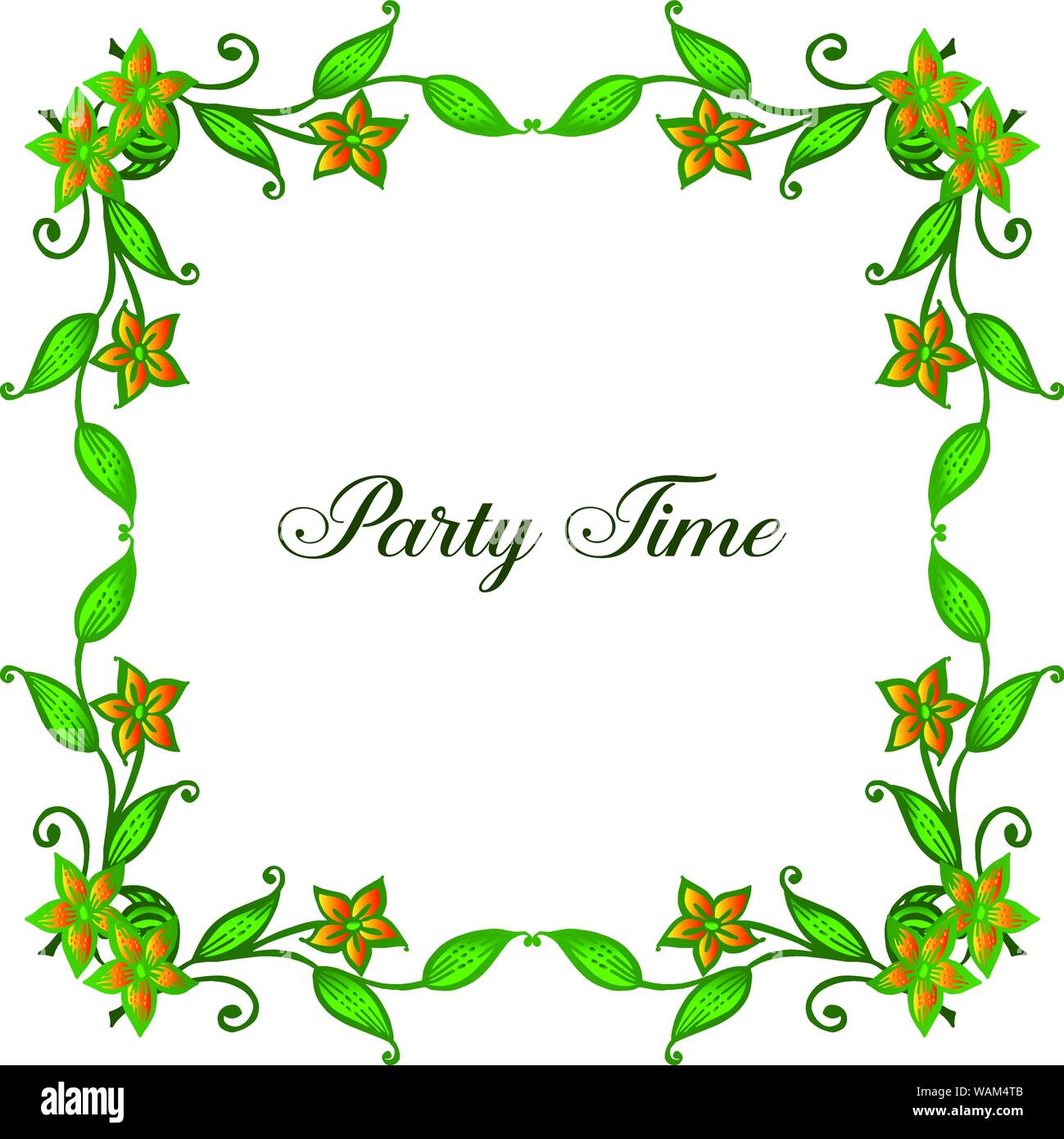 Party time various shape card, with artwork of orange wreath frame ...