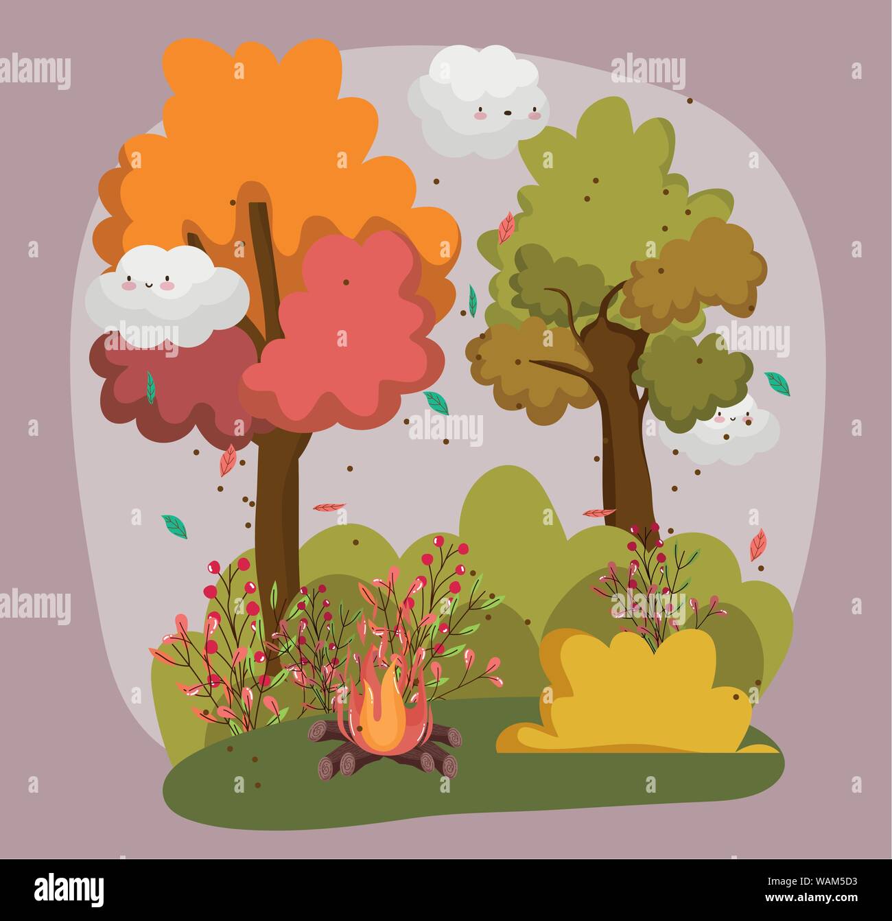 hello autumn season campfire landscape nature foliage vector ...
