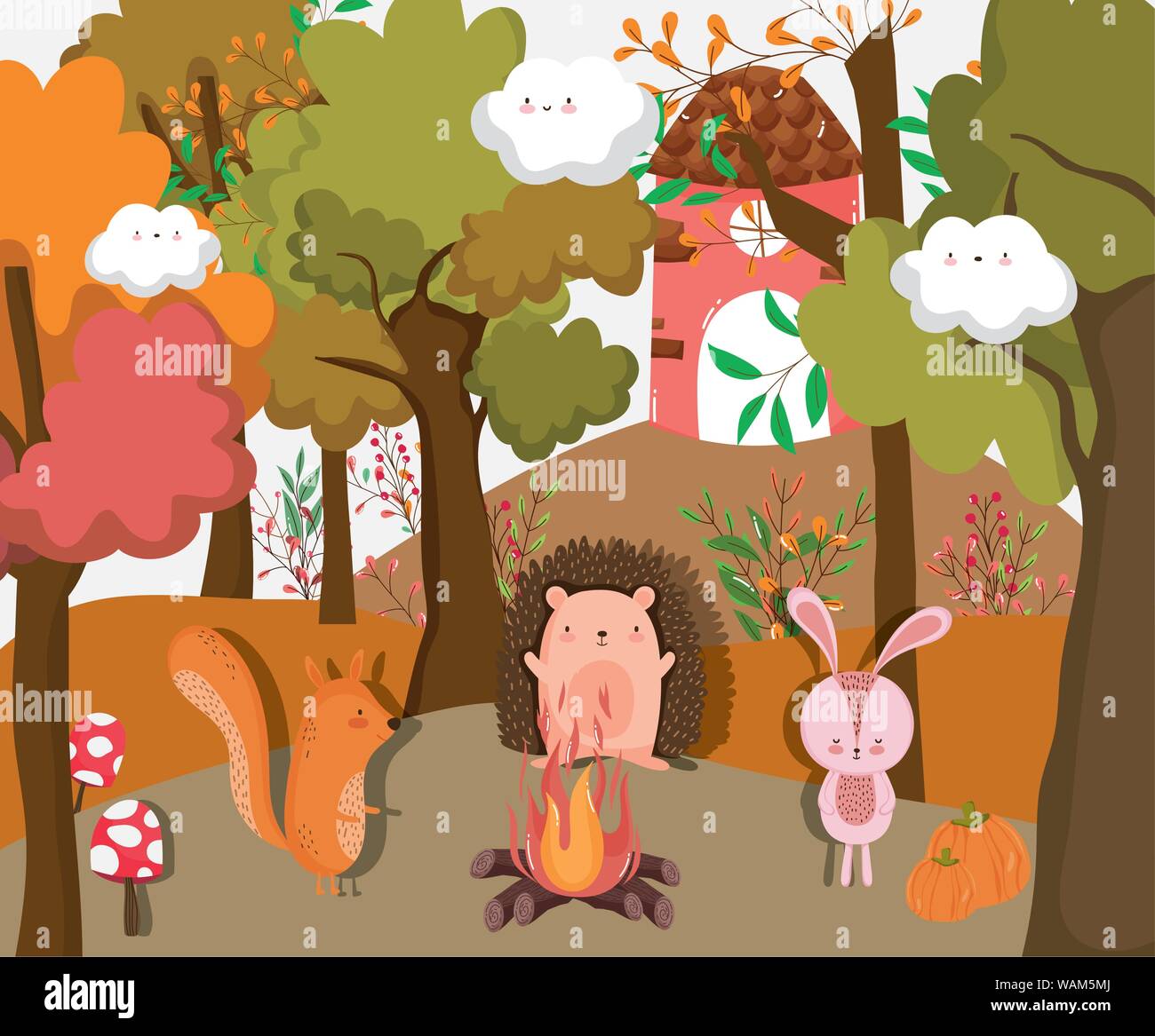 hedgehog rabbit squirrel campfire landscape hello autumn season vector ...