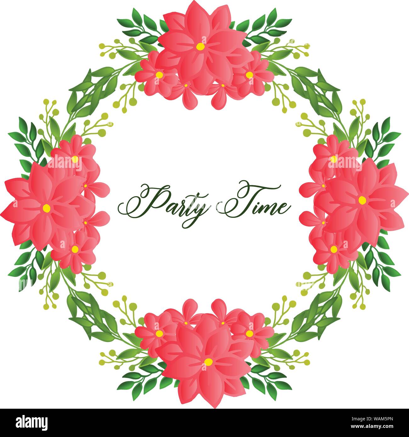 Party time calligraphy lettering card, with border of leaf flower frame ...