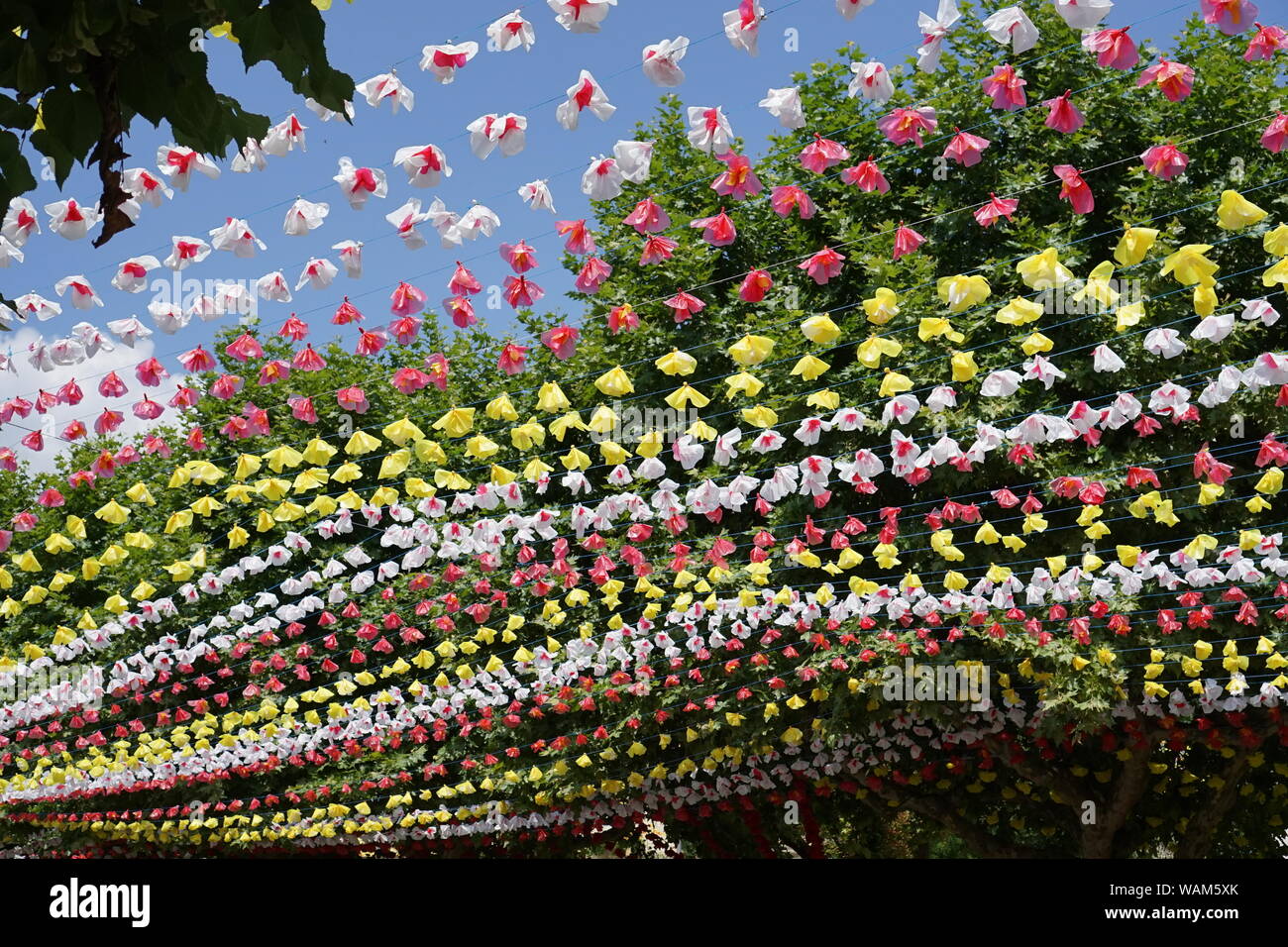 Flower decortions hanging in the air with a roof top behind Stock Photo ...
