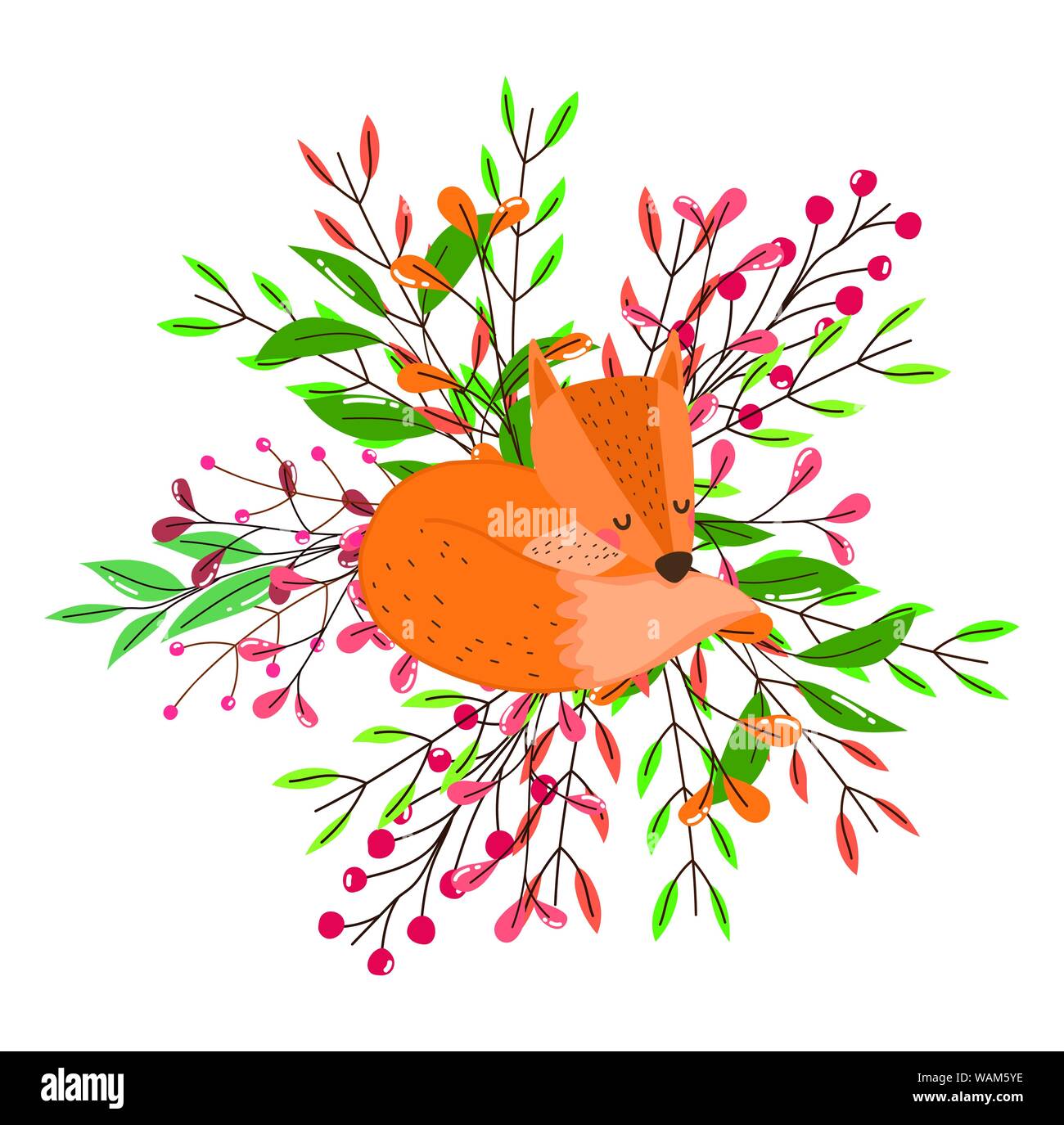 cute fox foliage hello autumn season vector illustration Stock Vector ...
