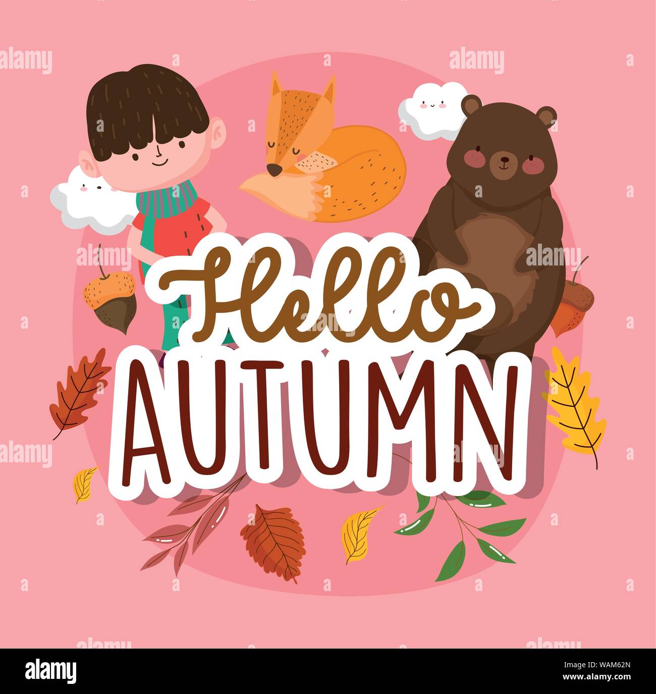 boy bear and fox leaves hello autumn season inscription vector ...
