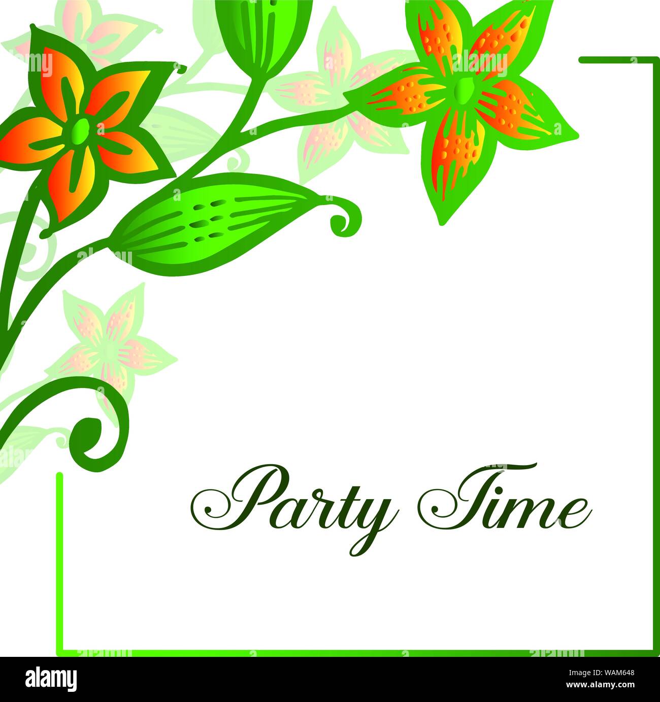 Party time letter, space for text, with vintage orange floral frame ...