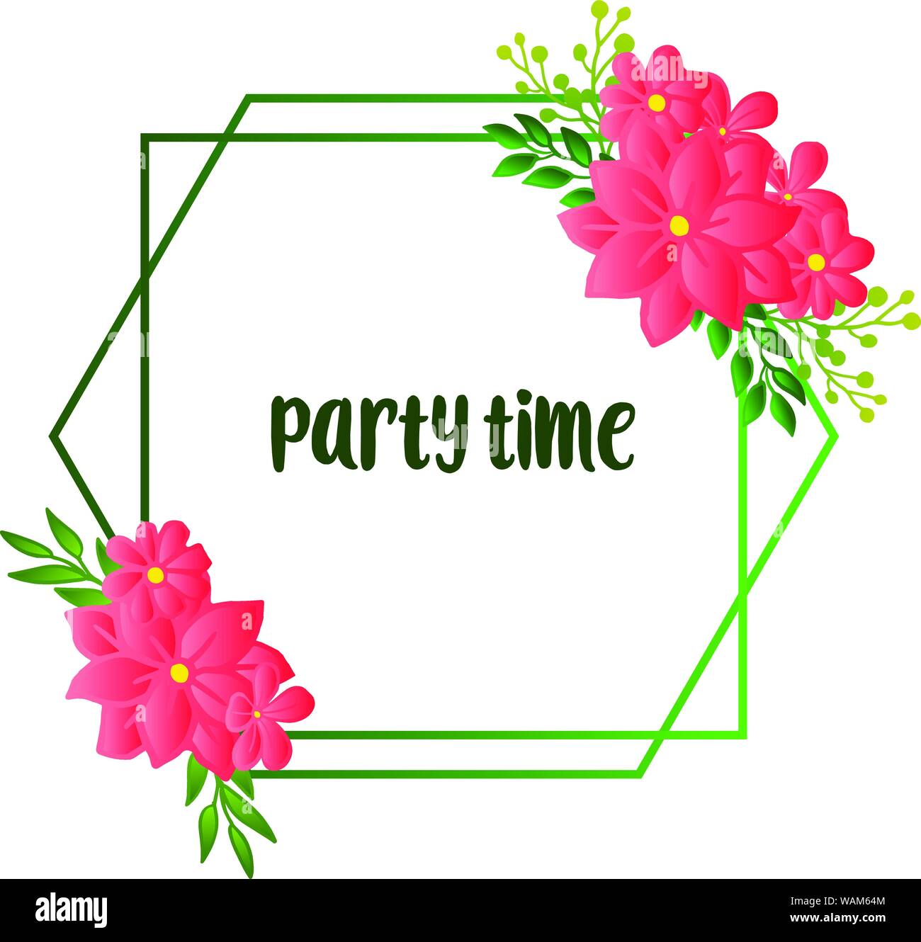 Party time card template, with cute green leafy floral frame. Vector ...