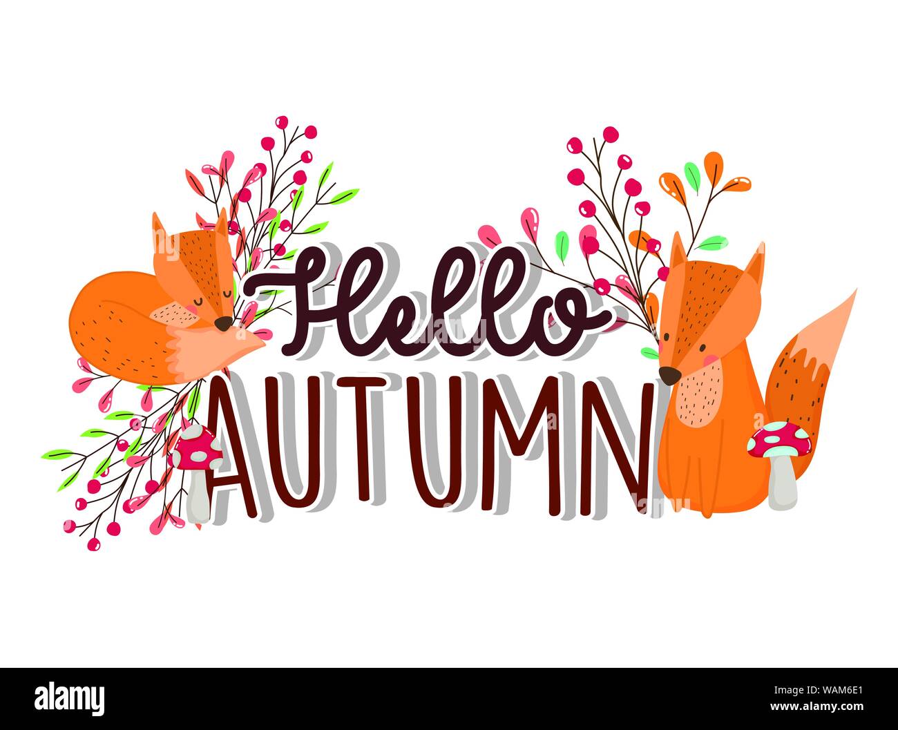 cute foxes hello autumn season greeting vector illustration Stock ...