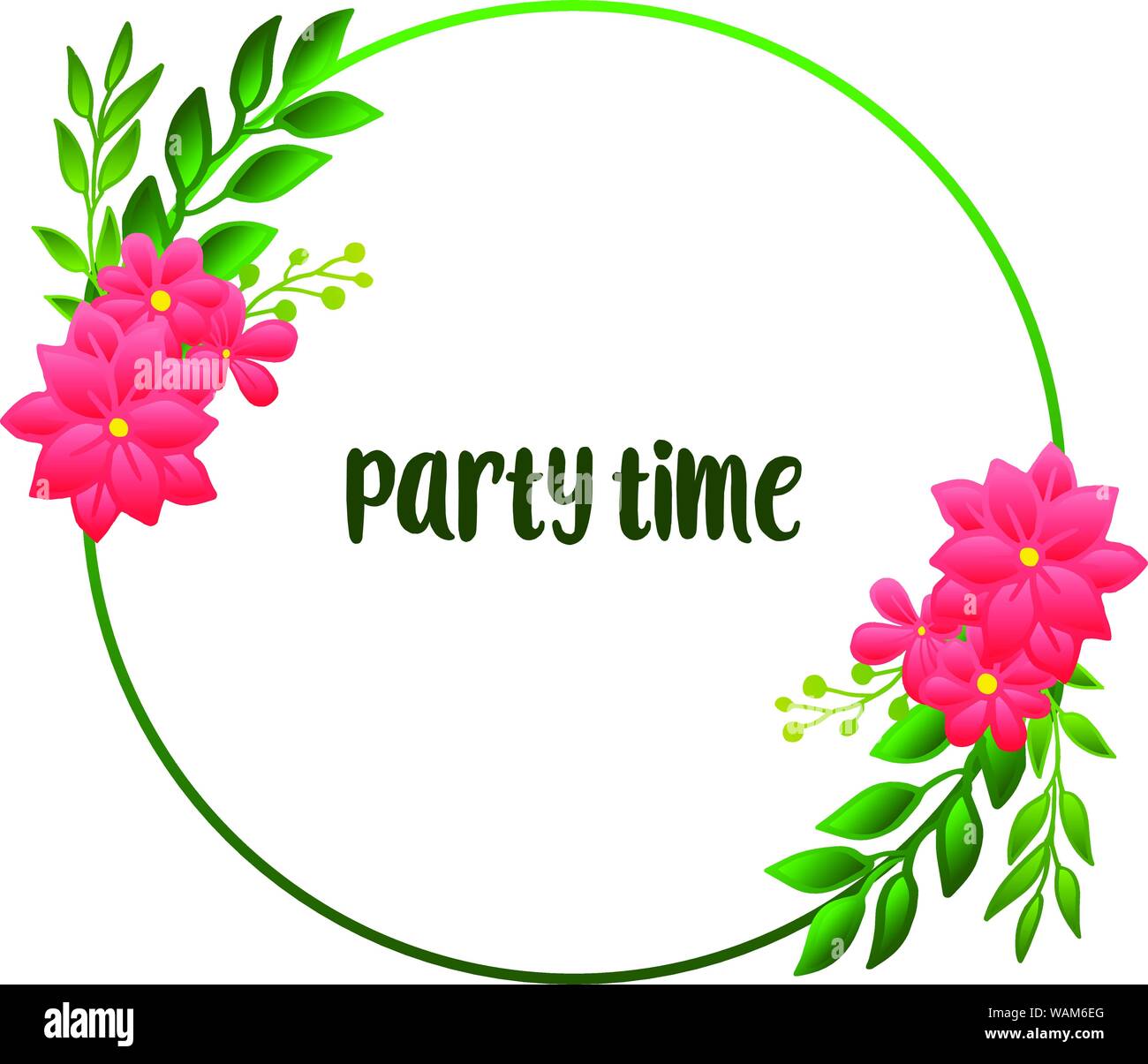 Graphic of green leaves and flower frame, for party time greeting card ...