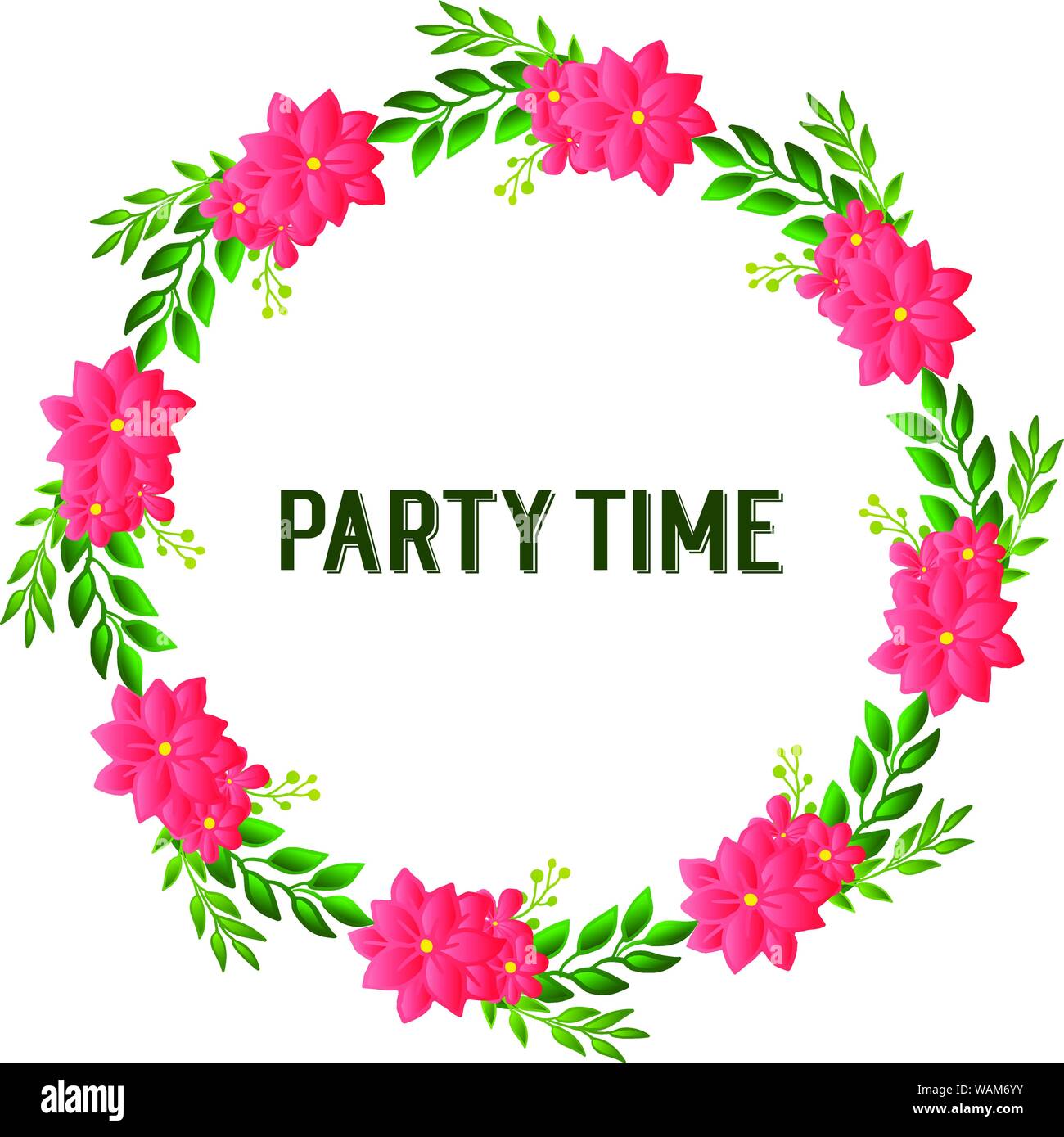 Graphic of green leaves and flower frame, for party time greeting card ...