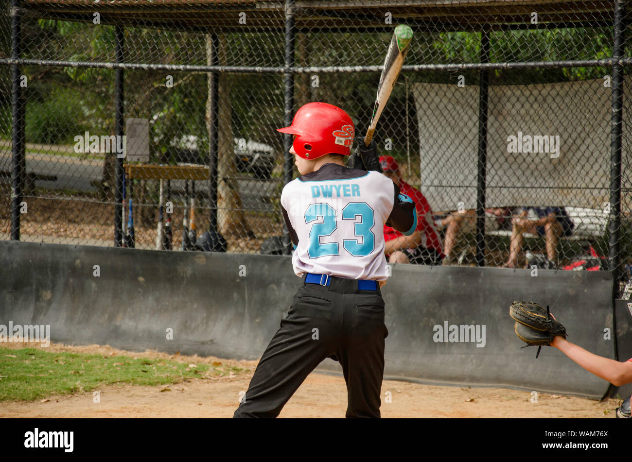 A young 18 year old Australian male baseball player at a Saturday game ...