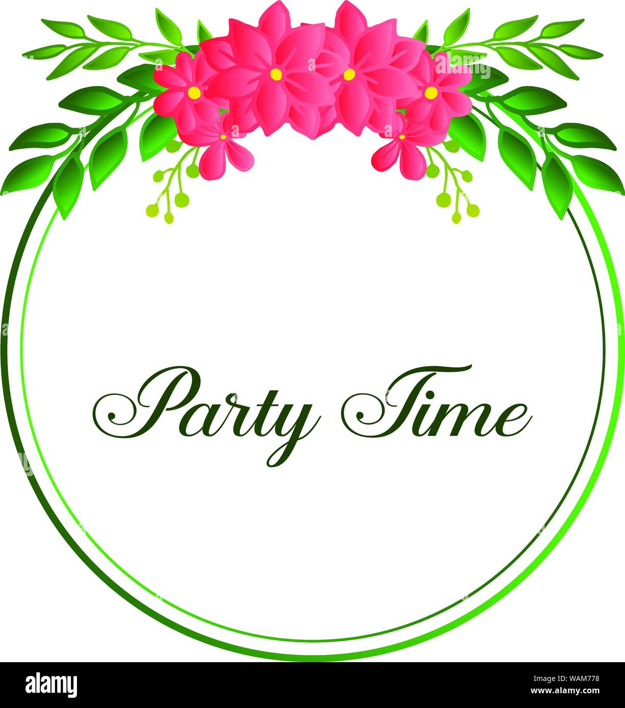 Graphic of green leaves and flower frame, for party time greeting card ...