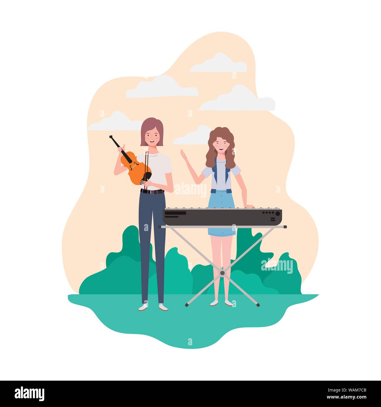 women with musical instruments and background landscape Stock Vector ...