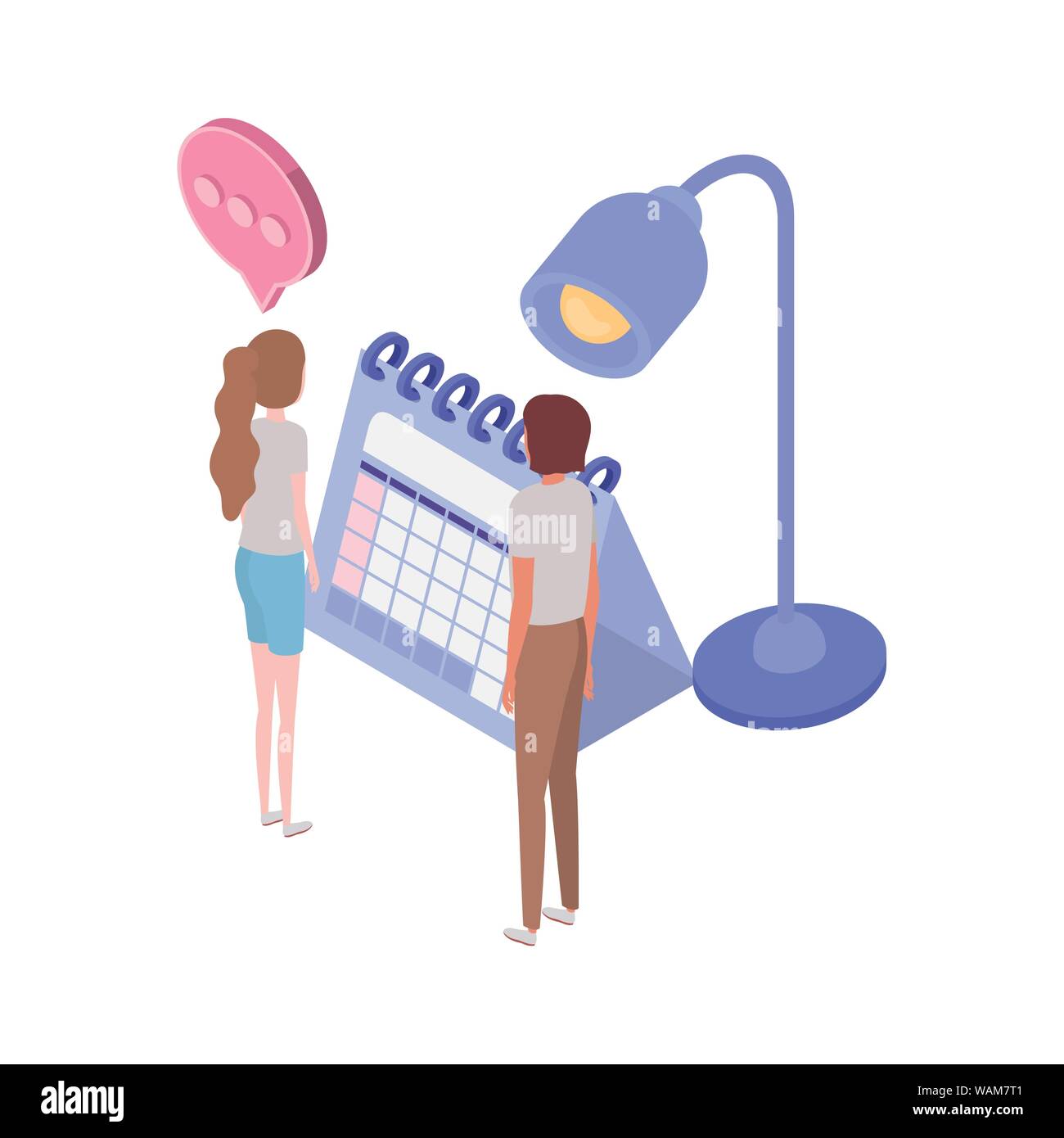 couple of people with office lamp and calendar on white background ...