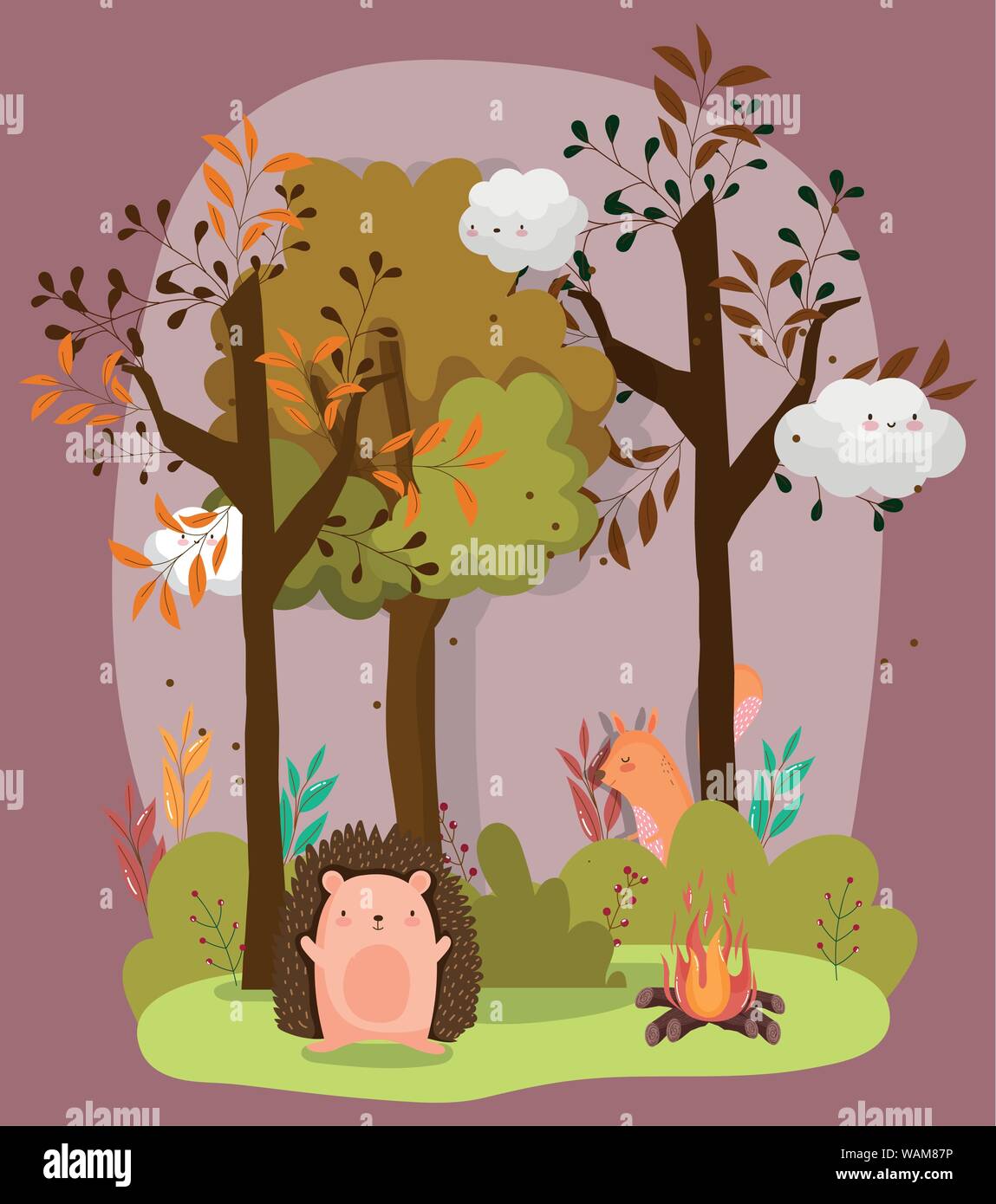 hedgehog squirrel campfire landscape hello autumn season vector ...