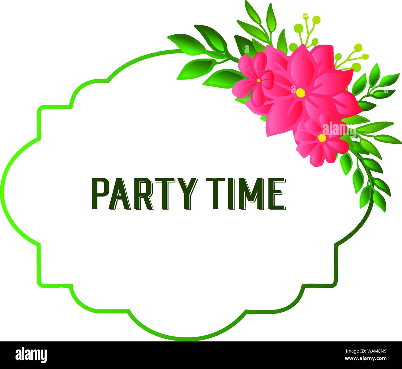 Party time card template, with cute green leafy floral frame. Vector ...