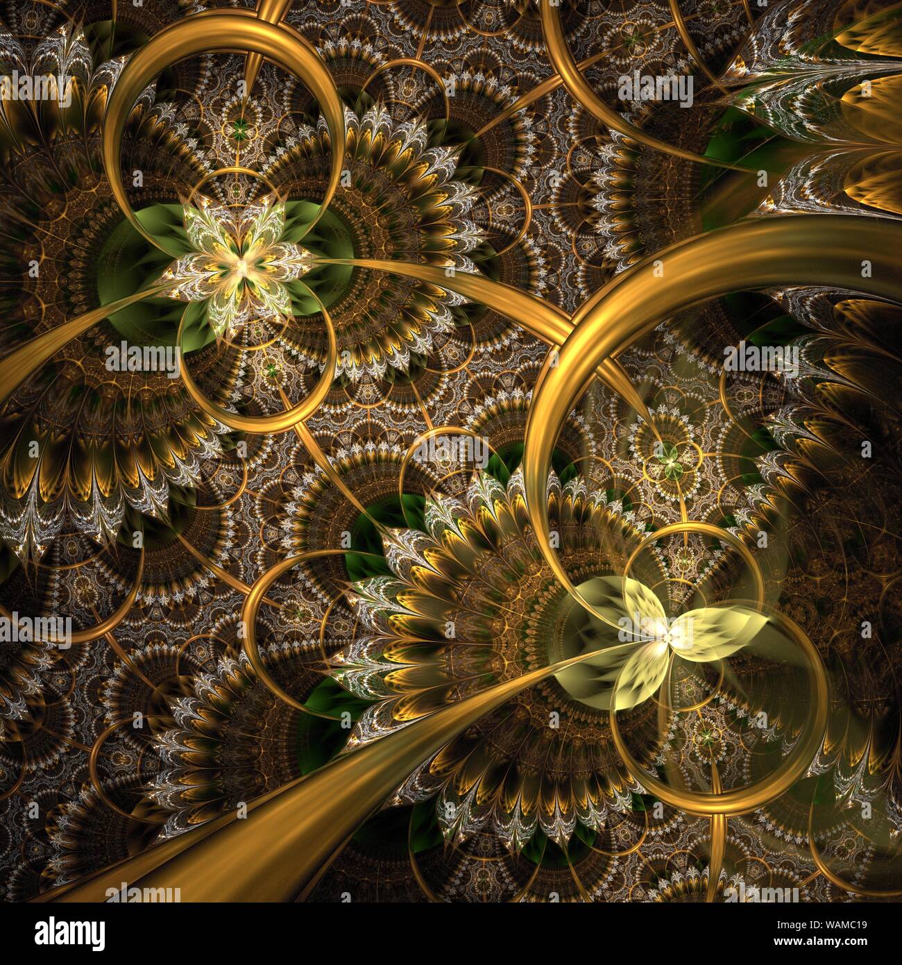 Dark green and gold fractal flower pattern Stock Photo - Alamy