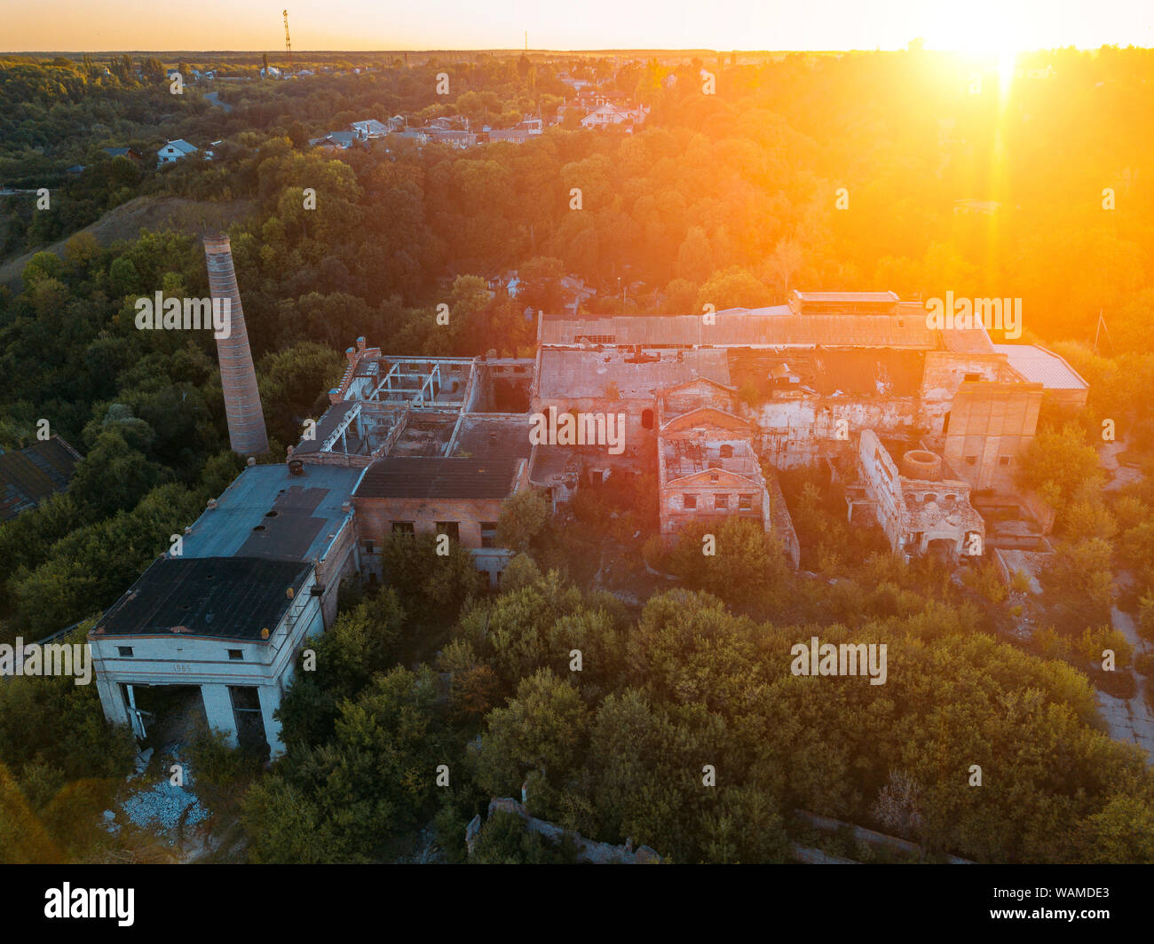 Ruined overgrown abandoned sugar factory in Ramon, aerial view Stock ...