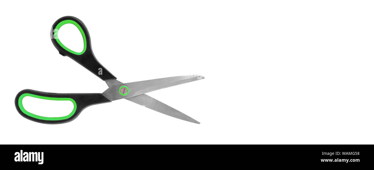 Home economics objects - Black green Open Scissors isolated on a white ...