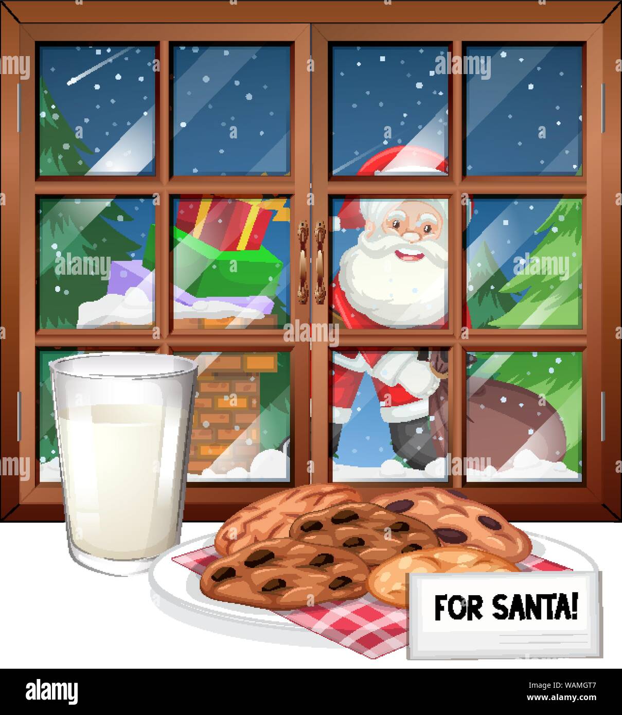 Window with view of Santa on christmas night illustration Stock Vector ...