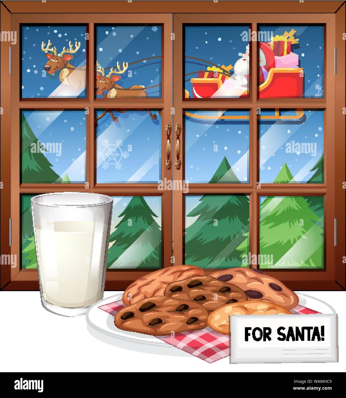 Window scene with Santa on sleigh flying illustration Stock Vector ...