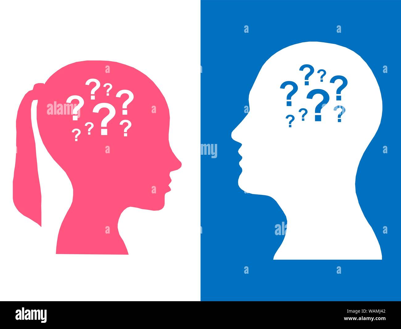Heads of two people, abstract brain for concept question, process human ...