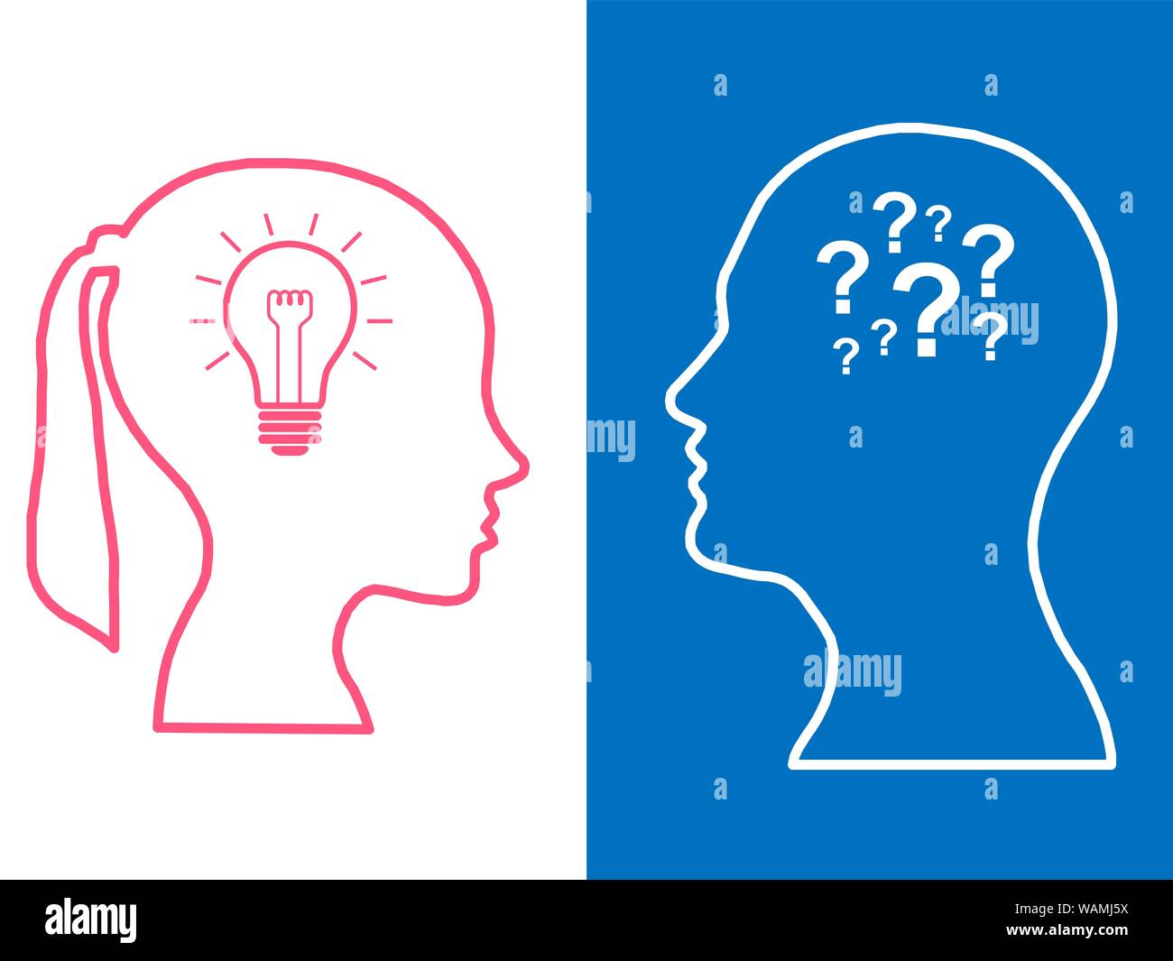 Heads of two people, woman and man, brainstorming concept gear question ...