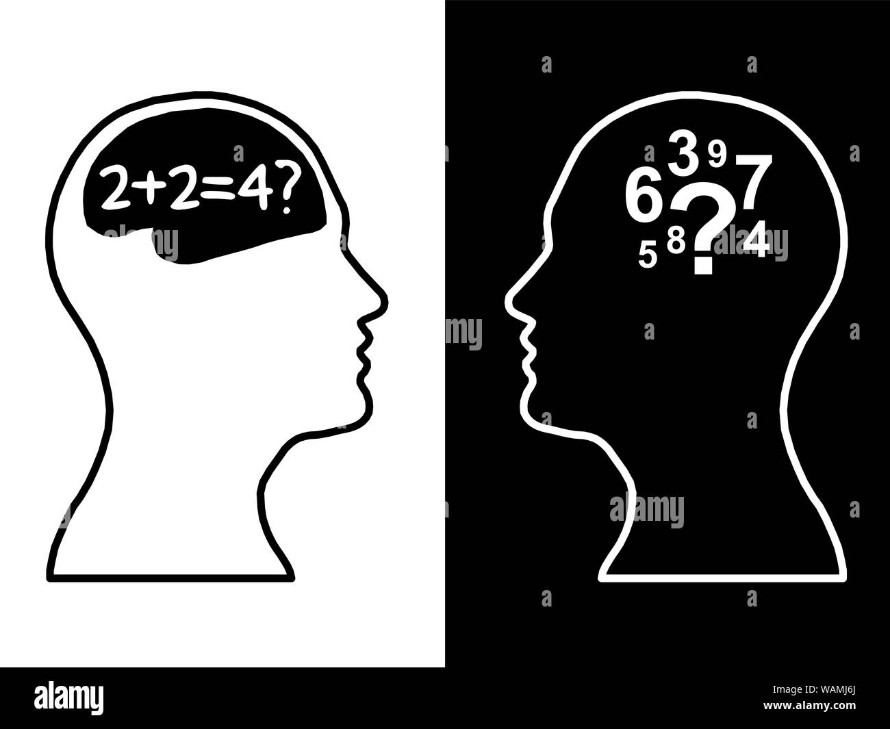Heads of two people,brainstorming concept math question, process human ...