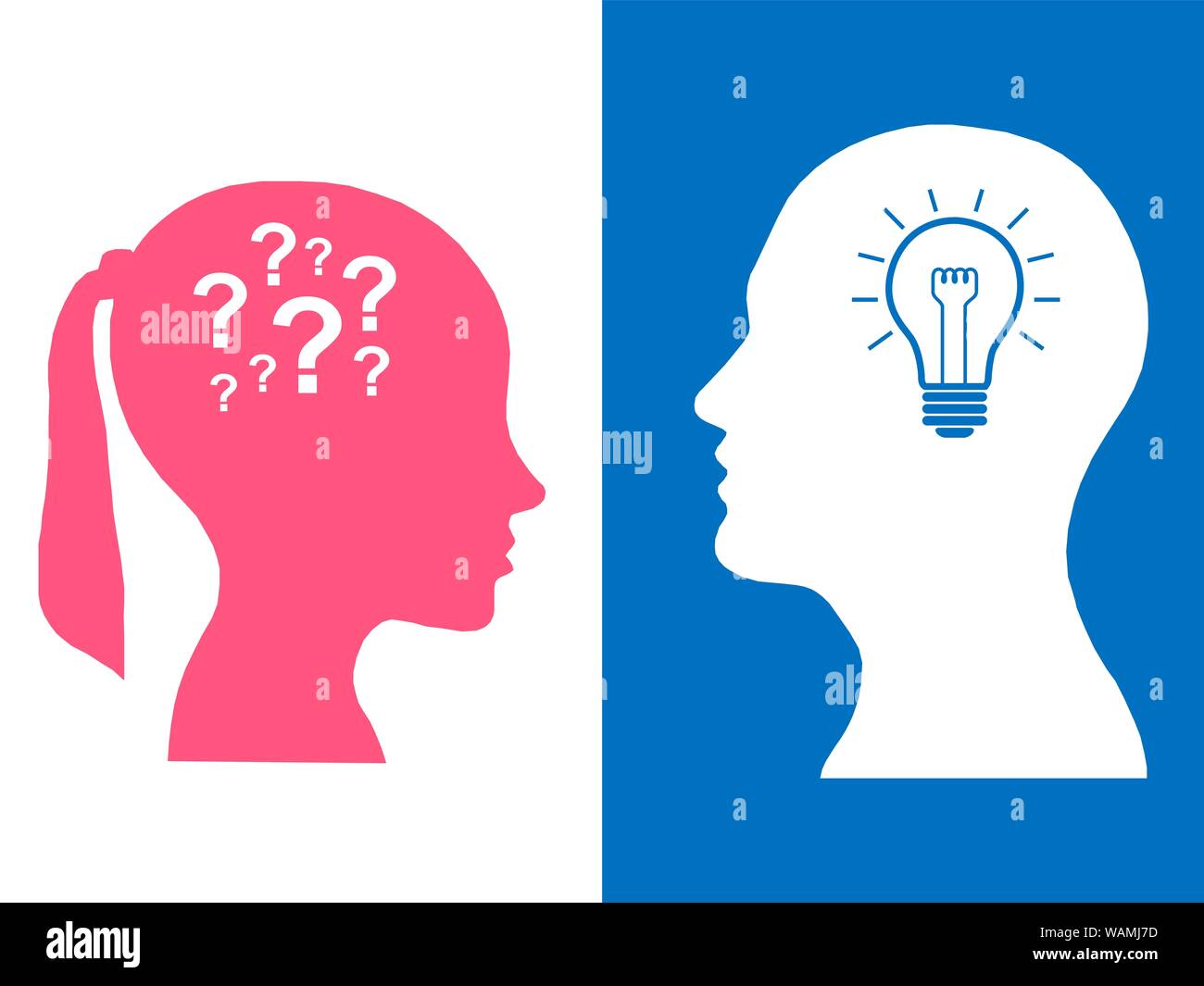 Heads of two people,brainstorming concept gear question, process human ...