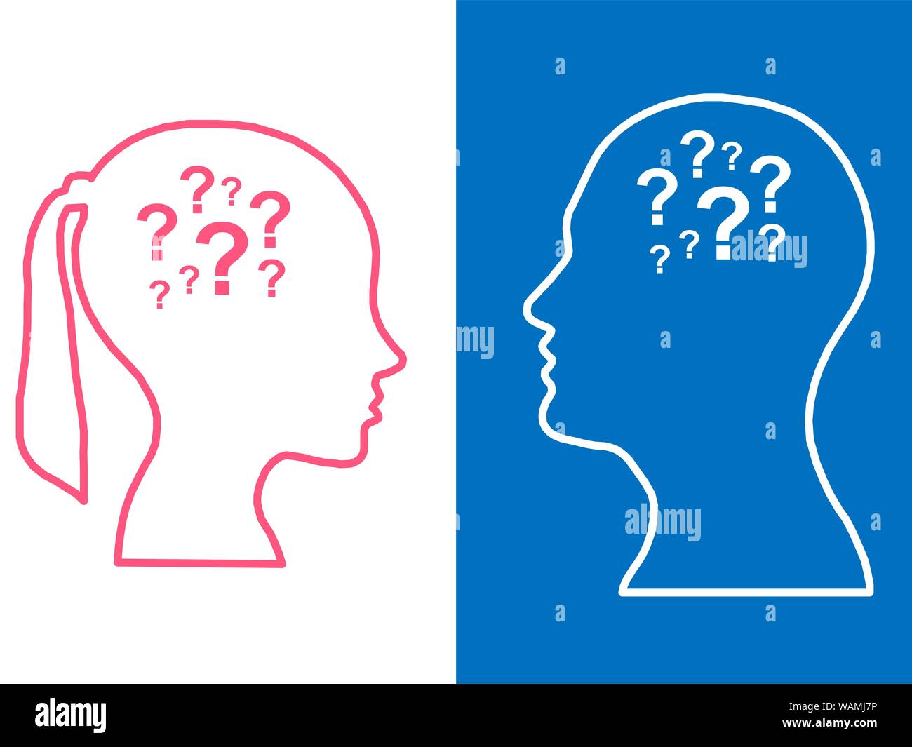 Heads of two people, abstract brain for concept question, process human ...